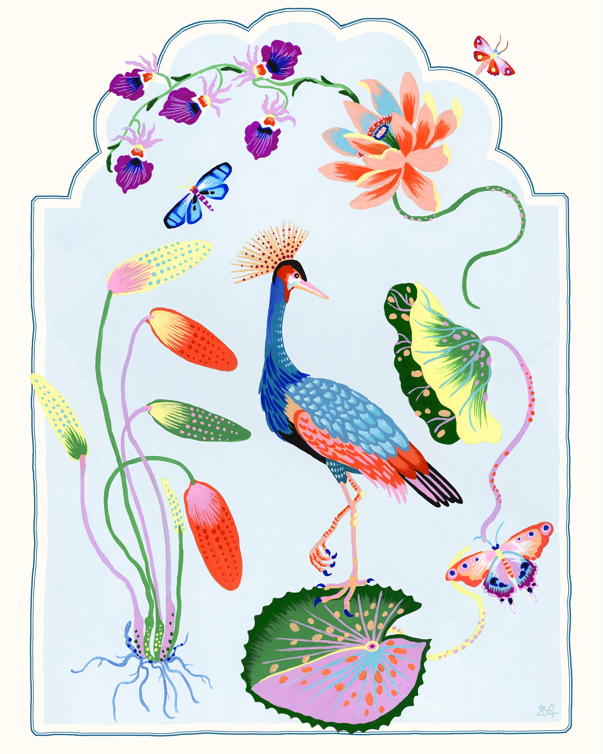 CRESTED CRANE 16" x 20" Cream border